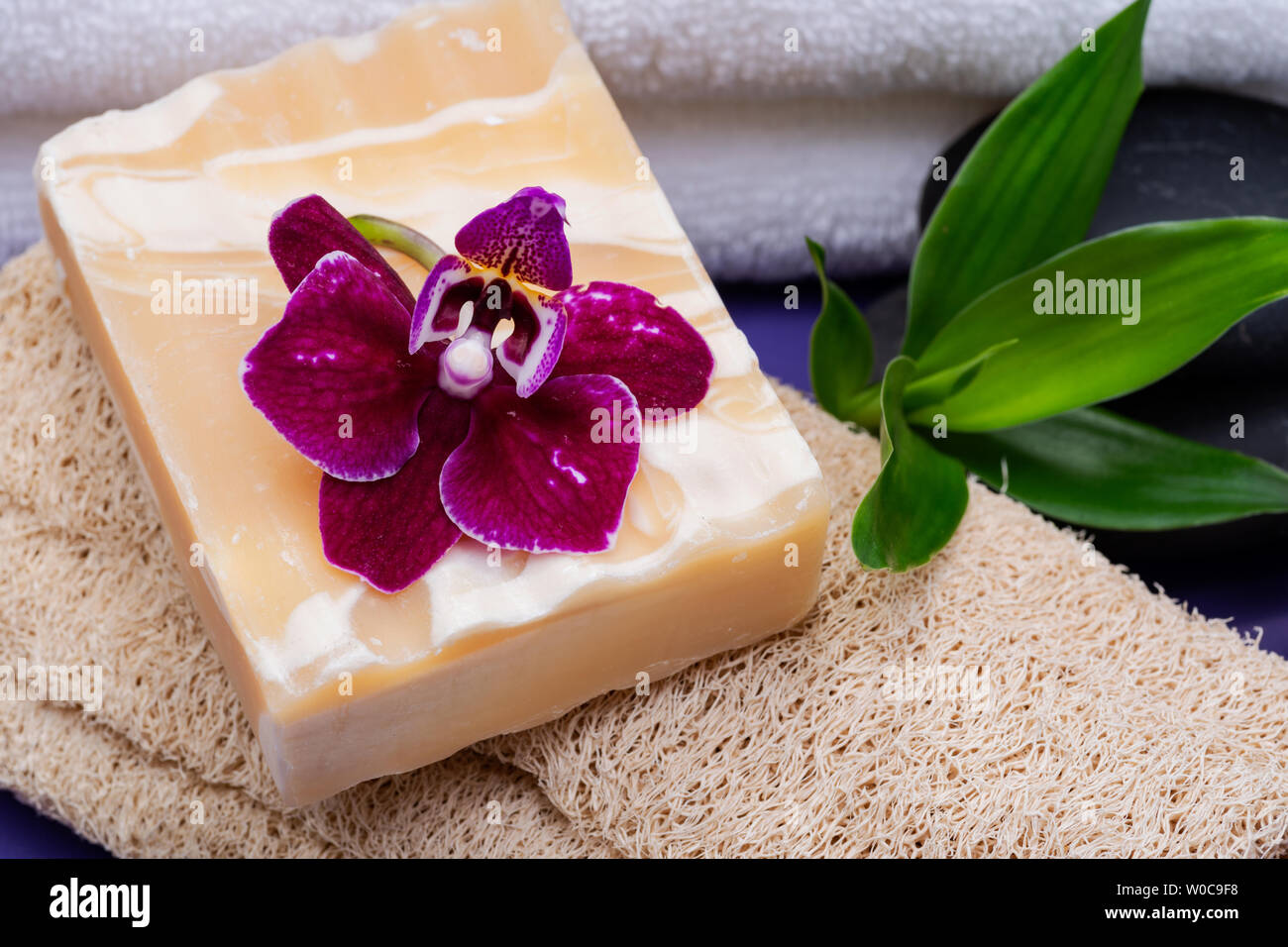 Spa Wellness Concept. Natural Loofah Sponge, Almond Goat's milk Soap ...
