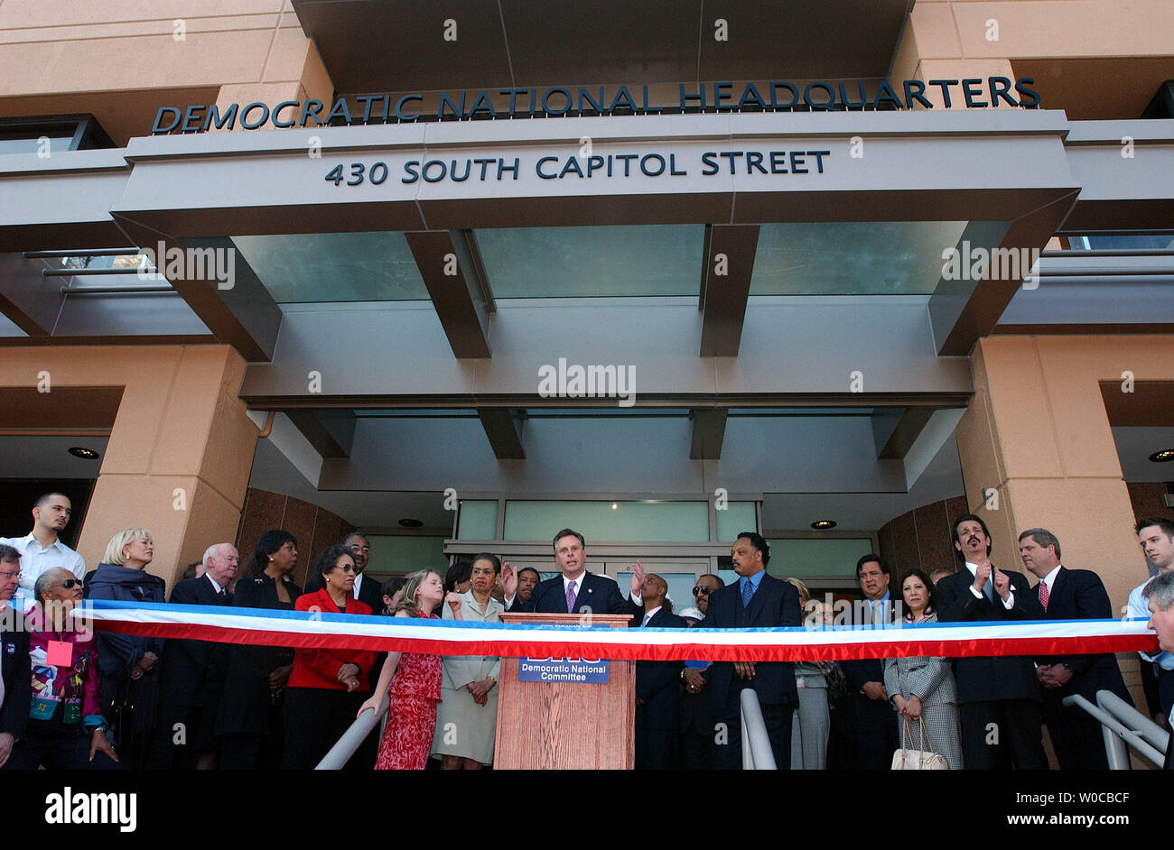 Democratic leaders speak in front of the remodeled Democratic National ...
