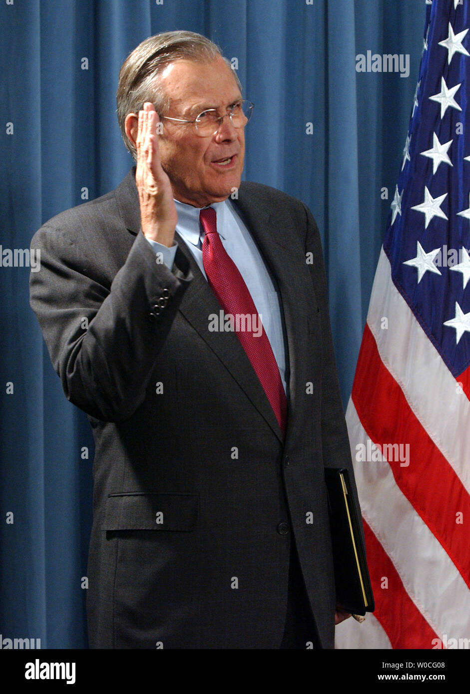 Defense Secretary Donald Rumsfeld speaks to the media about a US lead ...