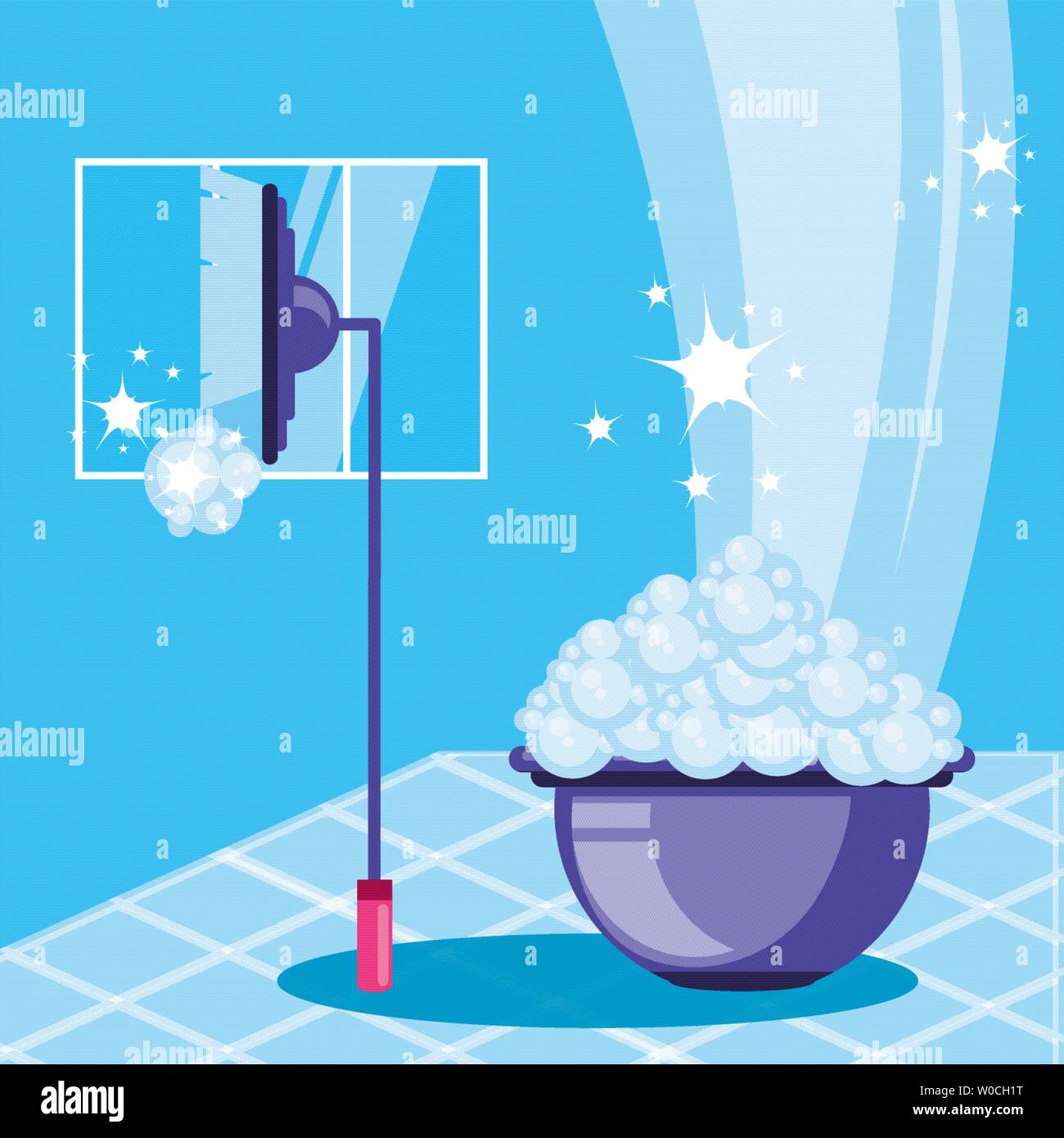 housekeeping tools and bucket with foam vector illustration design ...