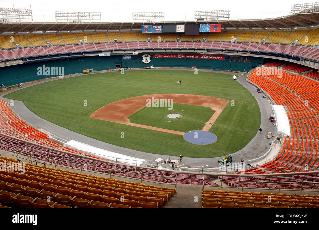 Workers prepare RFK Stadium in Washington for the Washington Nationals ...