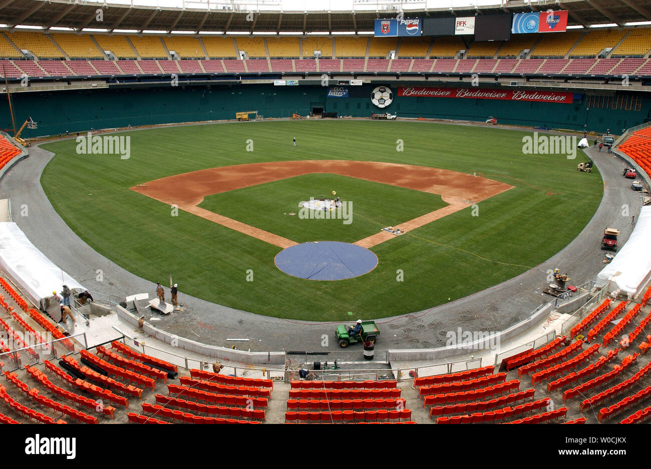 Workers prepare RFK Stadium in Washington for the Washington Nationals ...