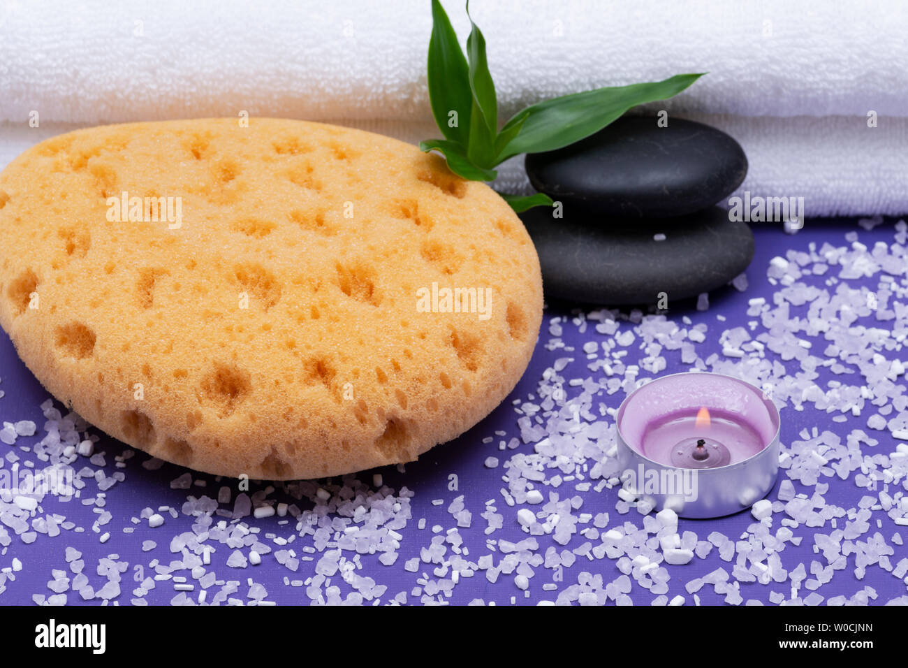 Spa Wellness Concept. Natural Foam Sea Sponge, stacked Basalt Stones ...