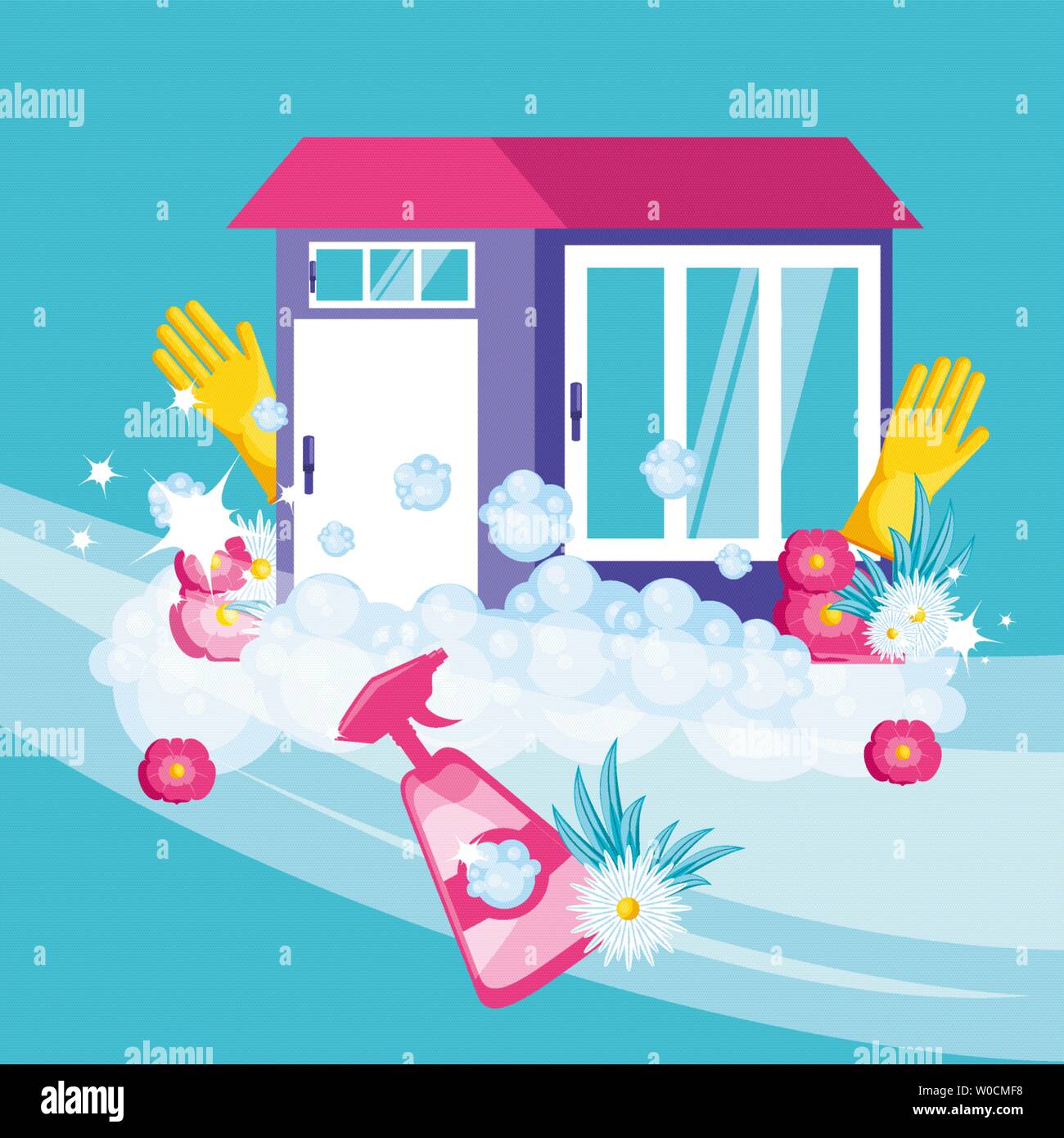housekeeping tools with facade home and icons vector illustration ...