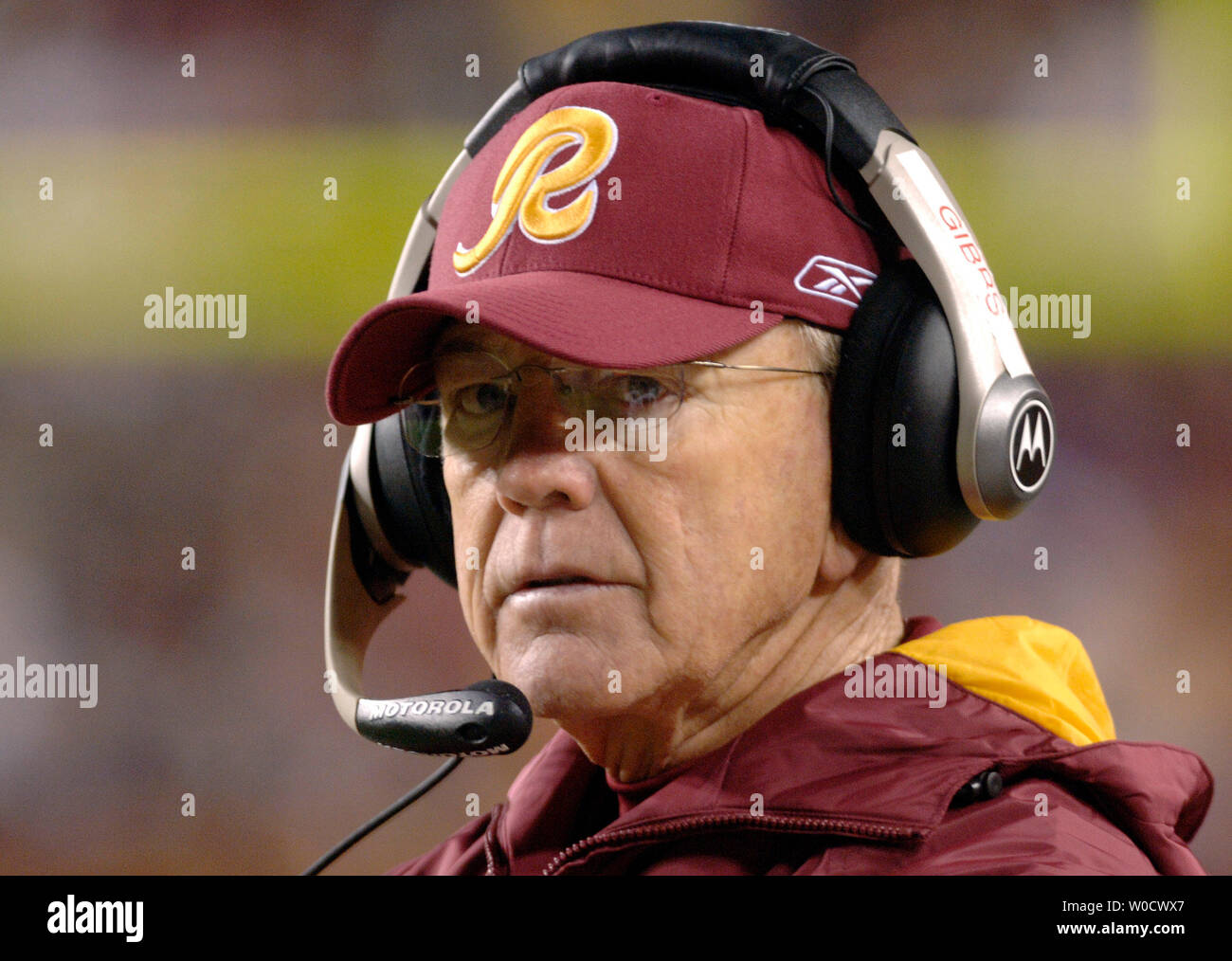 Washington Redskins head coach Joe Gibbs coaches from the sidelines ...