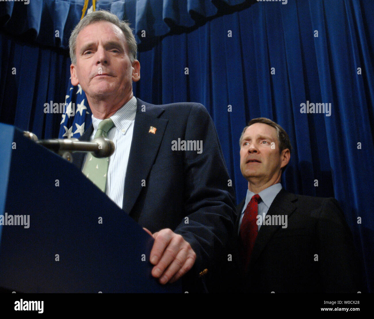 Sen. Judd Gregg (R-NH) speaks at a press conference announcing the ...