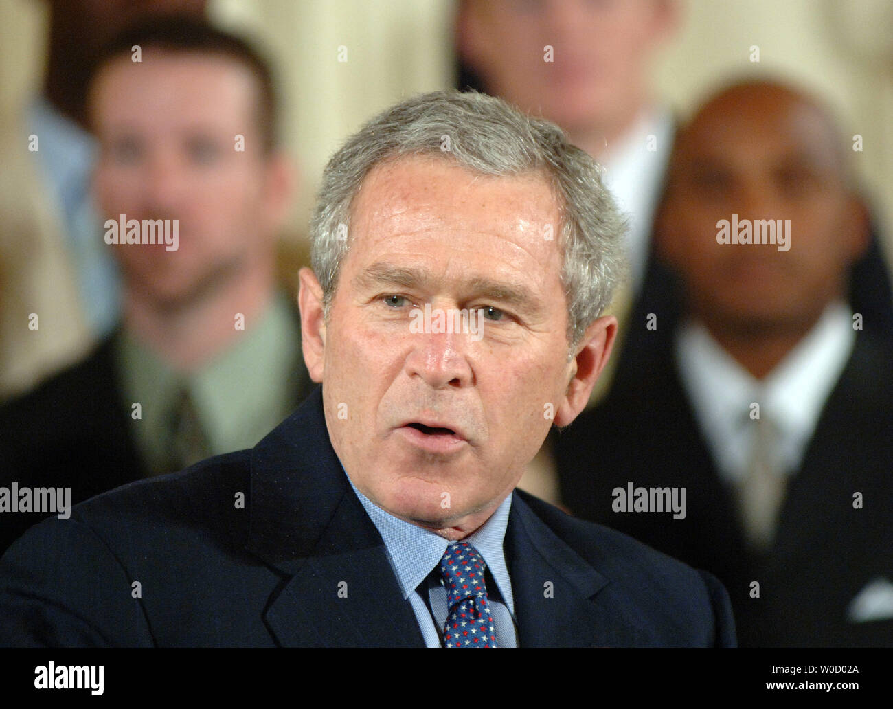 U.S. President George W. Bush speaks during a ceremony in the East Room ...