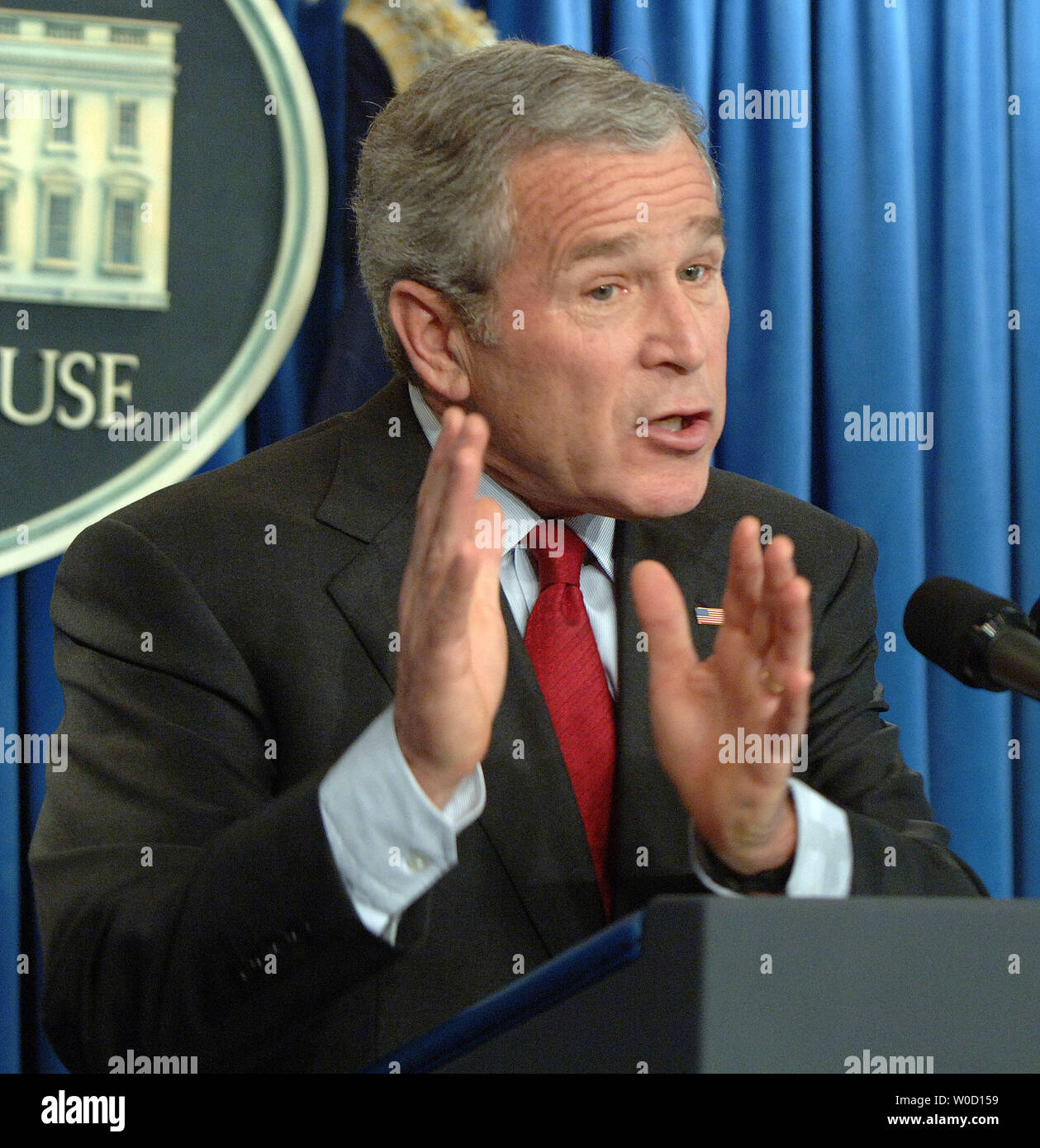 U.S. President George W. Bush answers questions from reporters during a ...