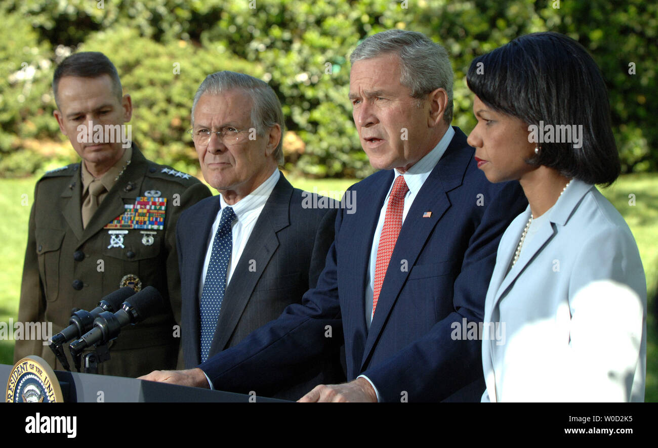 U.S. President George W. Bush speaks to the press after meeting with ...