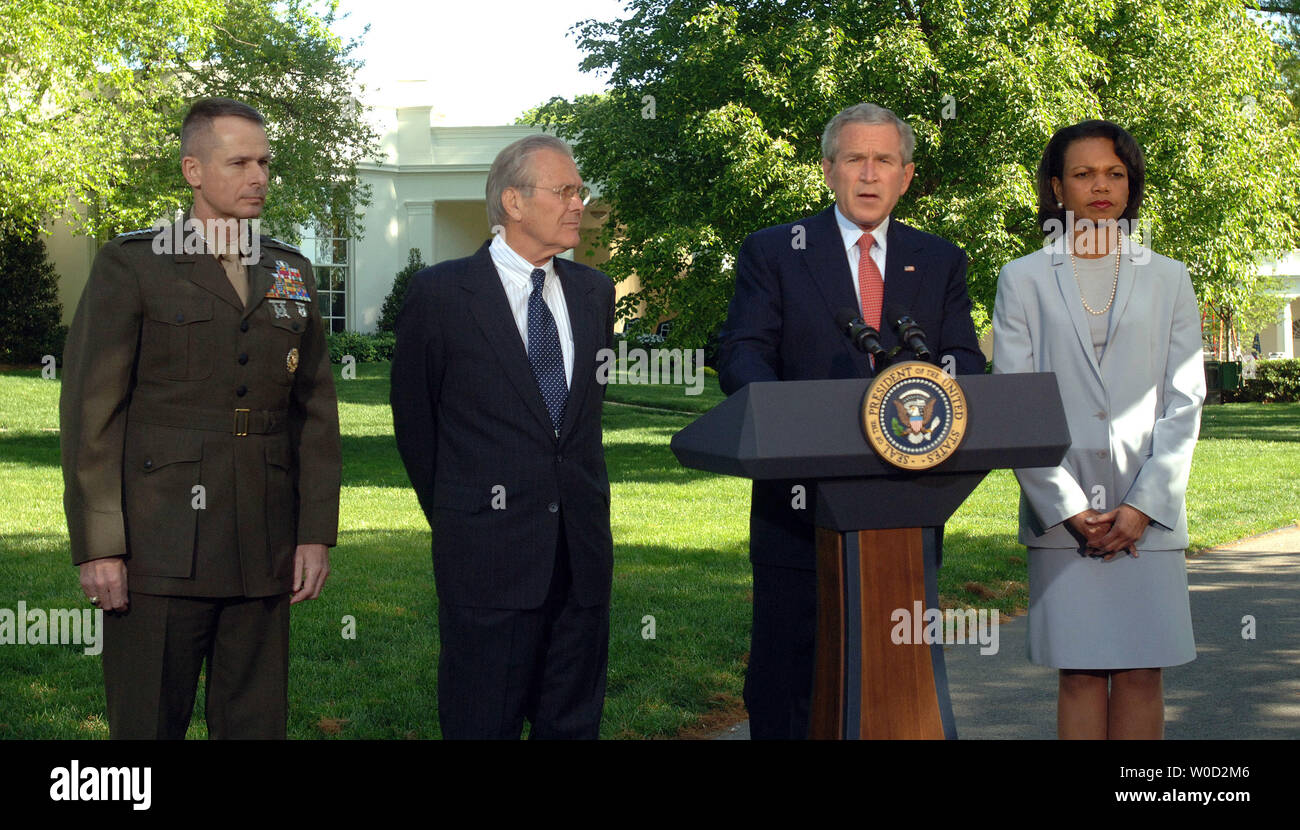 U.S. President George W. Bush speaks to the press after meeting with ...