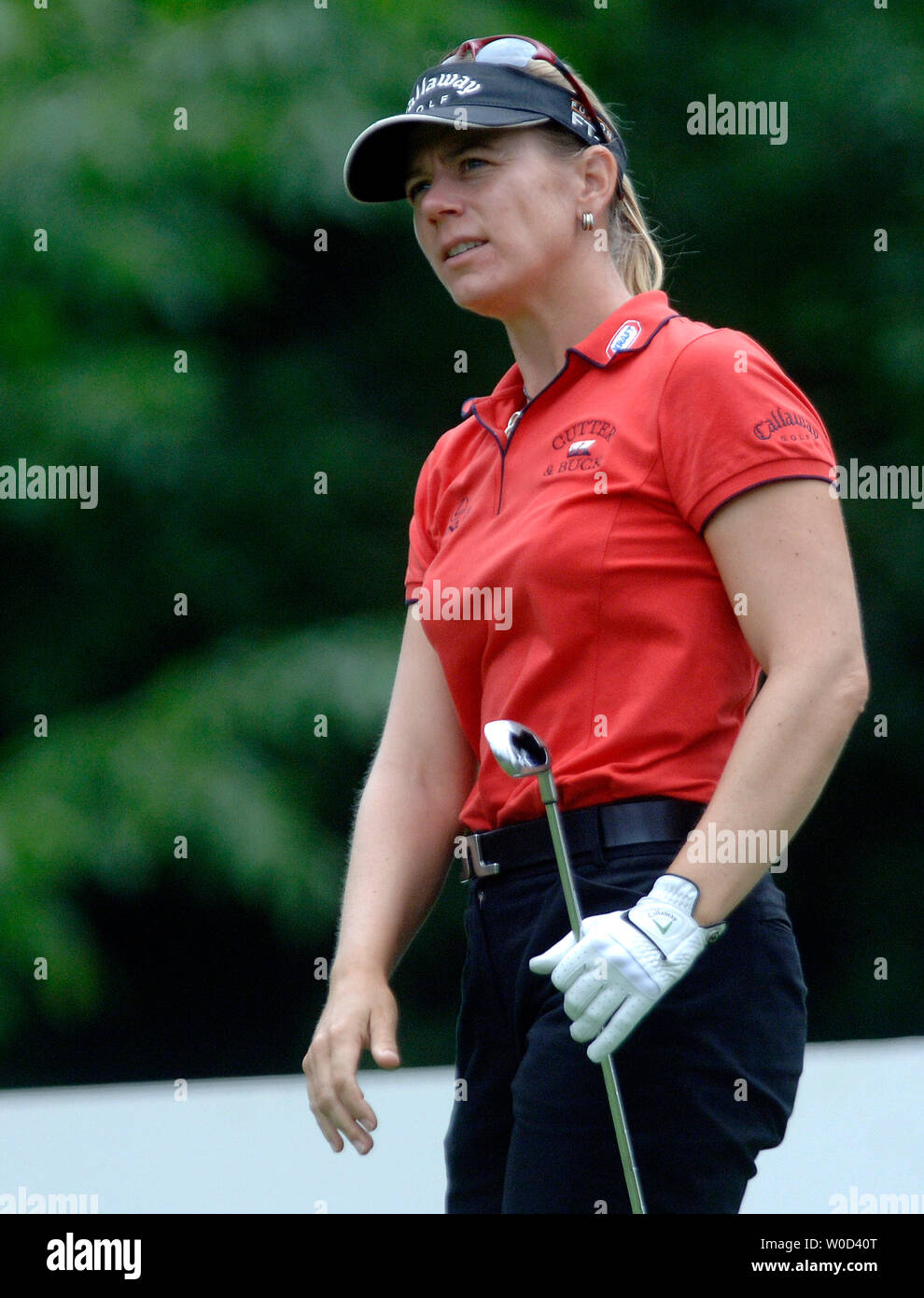 Annika Sorenstam of Sweden watches her drive on the seventeenth hole ...