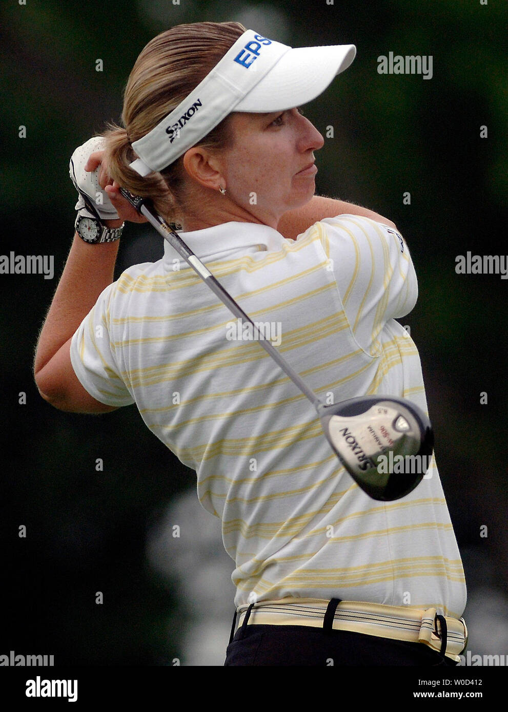 Karrie Webb of Australia, watches her drive off of the eleventh tee ...
