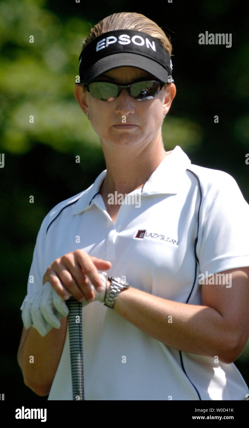 Karrie Webb of Australia, waits to drive off of the fifteenth hole tee ...