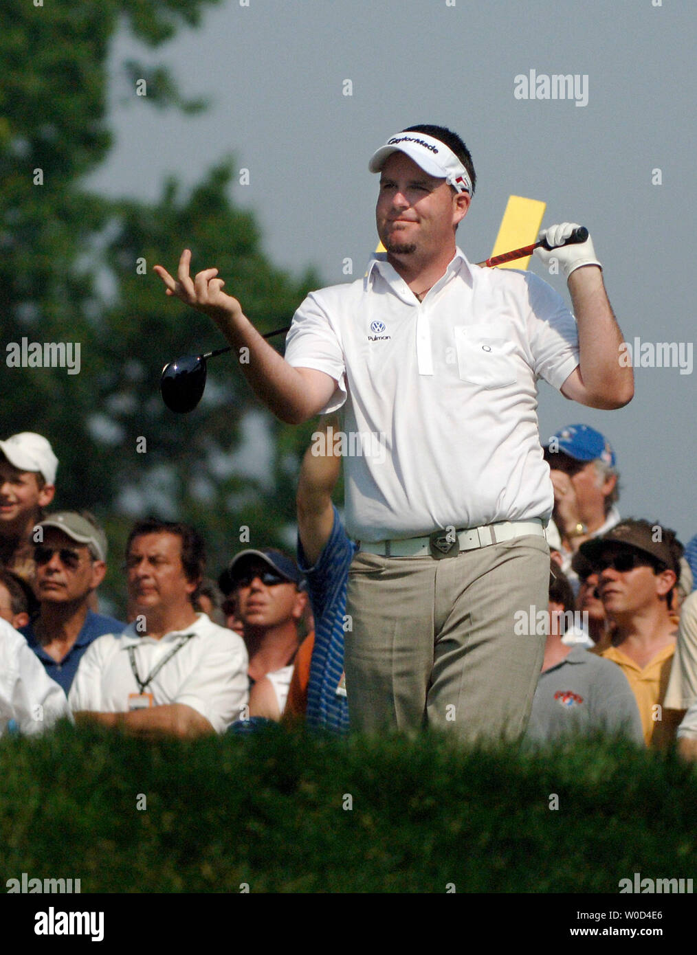 Kenneth Ferrie reacts to his drive off of the sixth tee box, during the ...