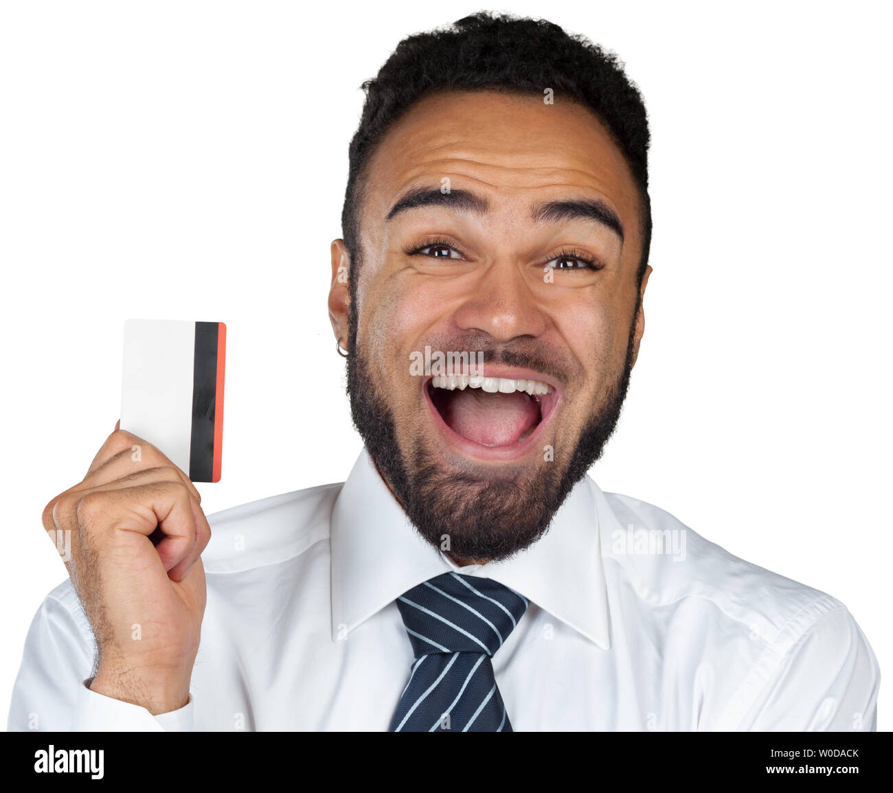 Happy smiling young man holding a credit card isolated on white ...