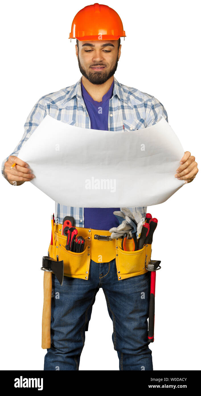 Construction worker isolated on white Stock Photo - Alamy