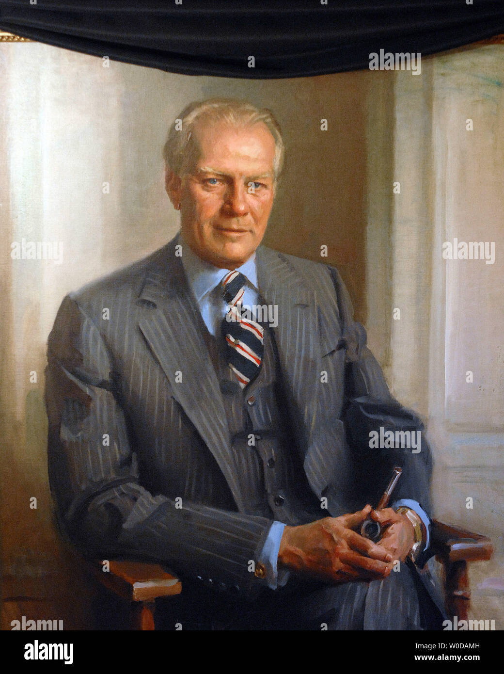 Former President Gerald R. Ford's portrait is draped in black and ...