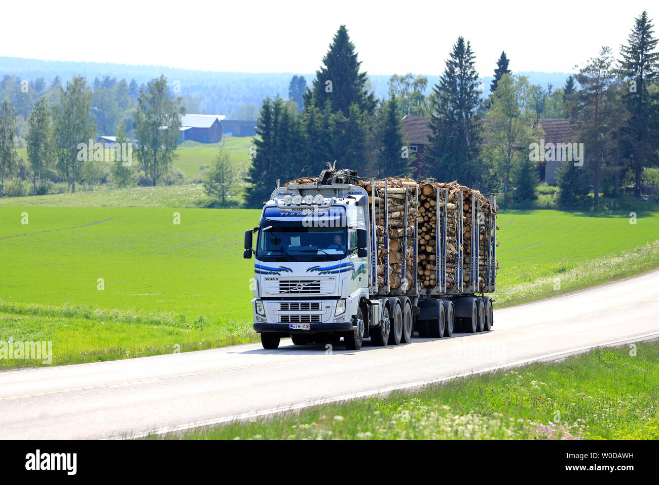 Jamsa, Finland. June 6, 2019. Volvo FH 540 logging truck of Tuominen ...