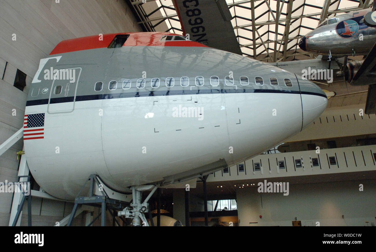 Work continues on a Boeing 747 fuselage display at the Smithsonian Air ...