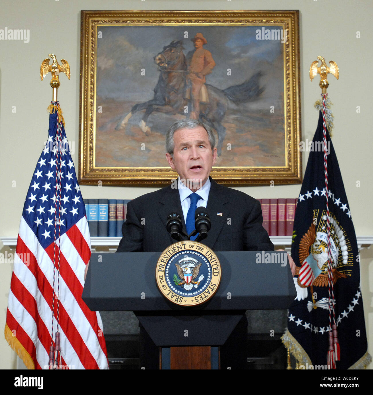 U.S. President George W. Bush makes a statement marking the fourth ...
