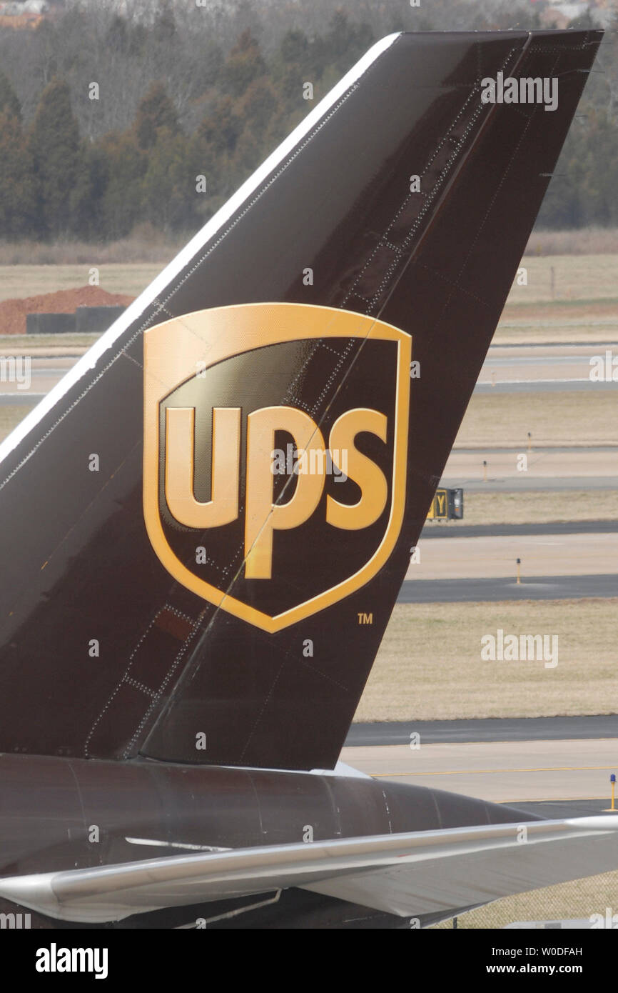 The tail wing of a UPS cargo plane is seen at Washington Dulles ...