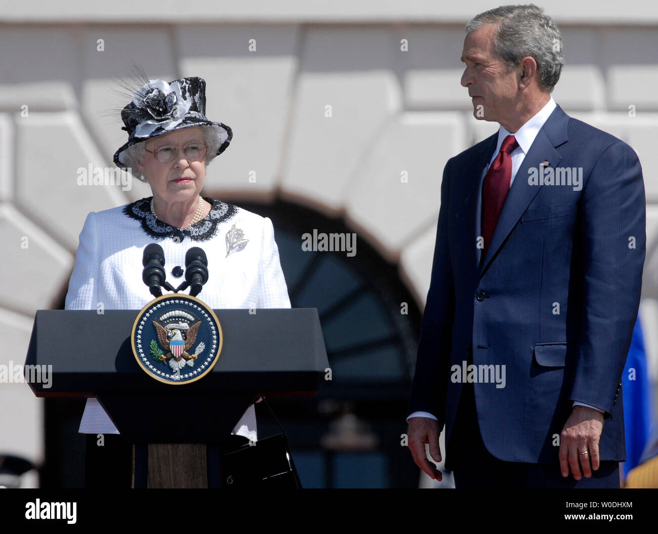 Britain's Queen Elizabeth II delivers remarks as U.S. President George ...