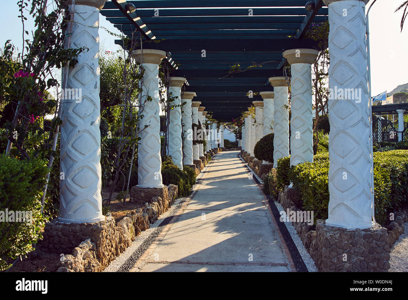colonnade in the Kalithea thermal baths on the Greek island of Rhodes ...