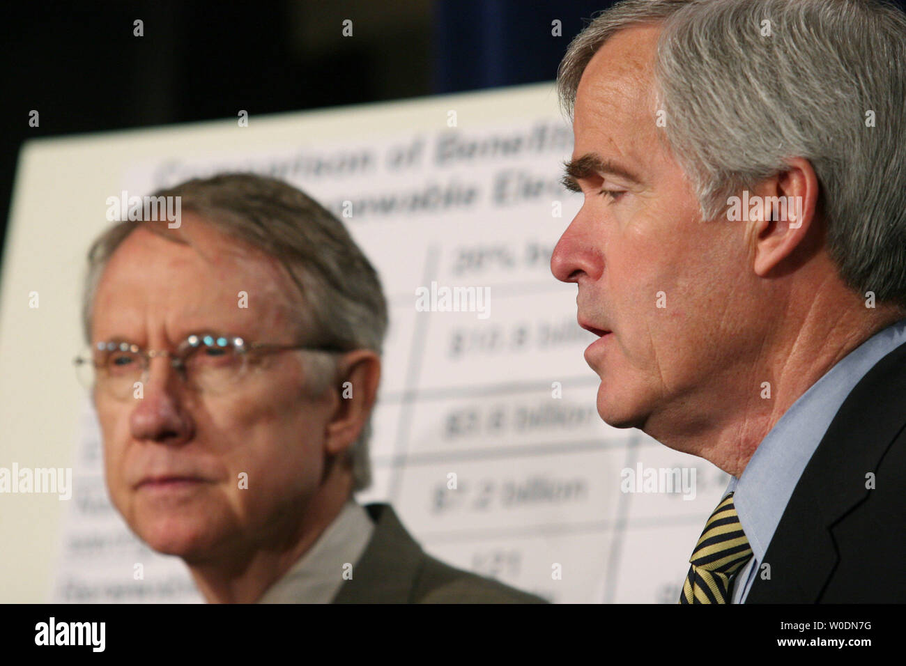 Sen. Harry Reid (D-NV) (L) and Sen. Jeff Bingaman (D-NM) discuss a ...