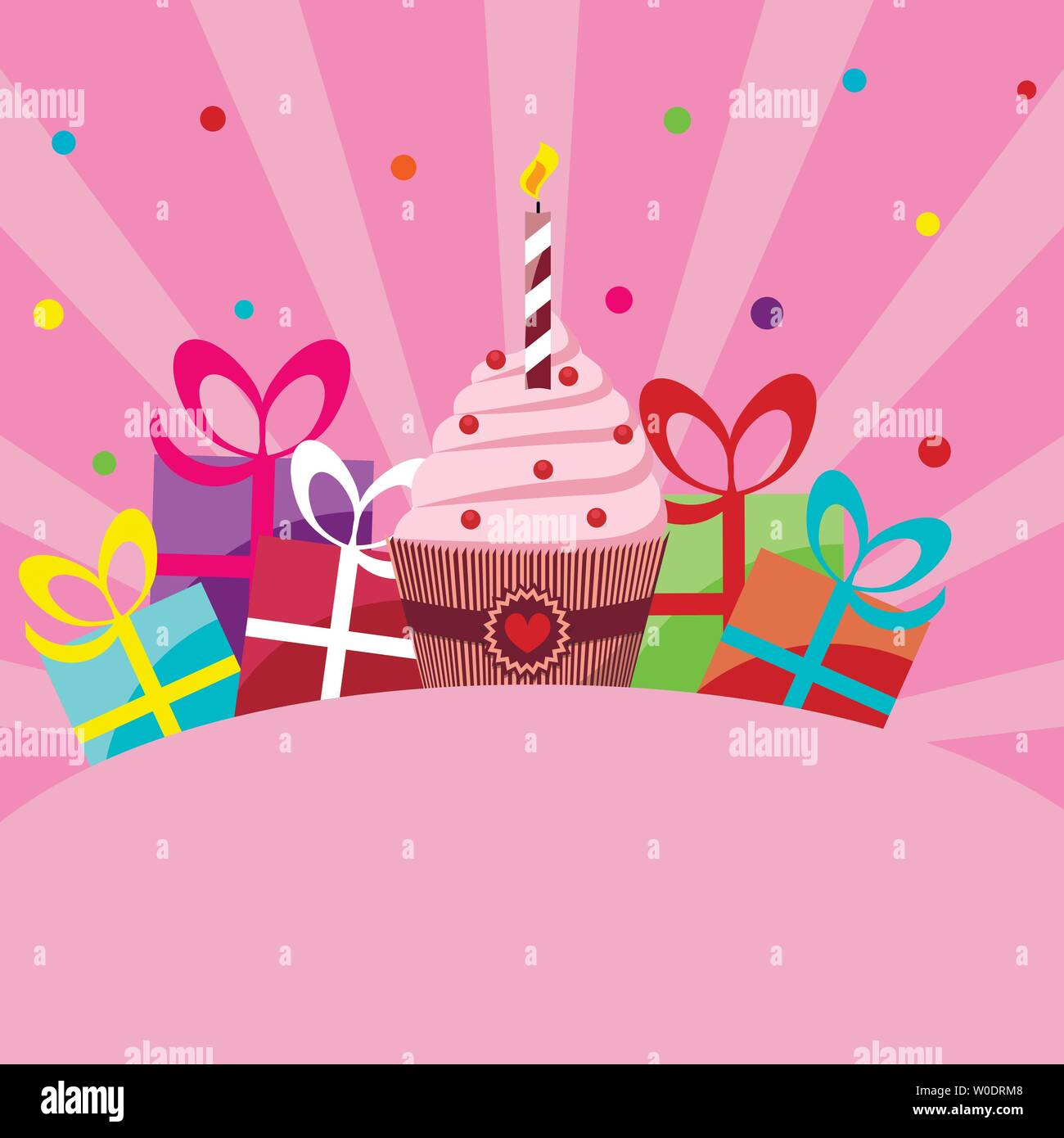 birthday card vector template with cake, gifts and place for ...