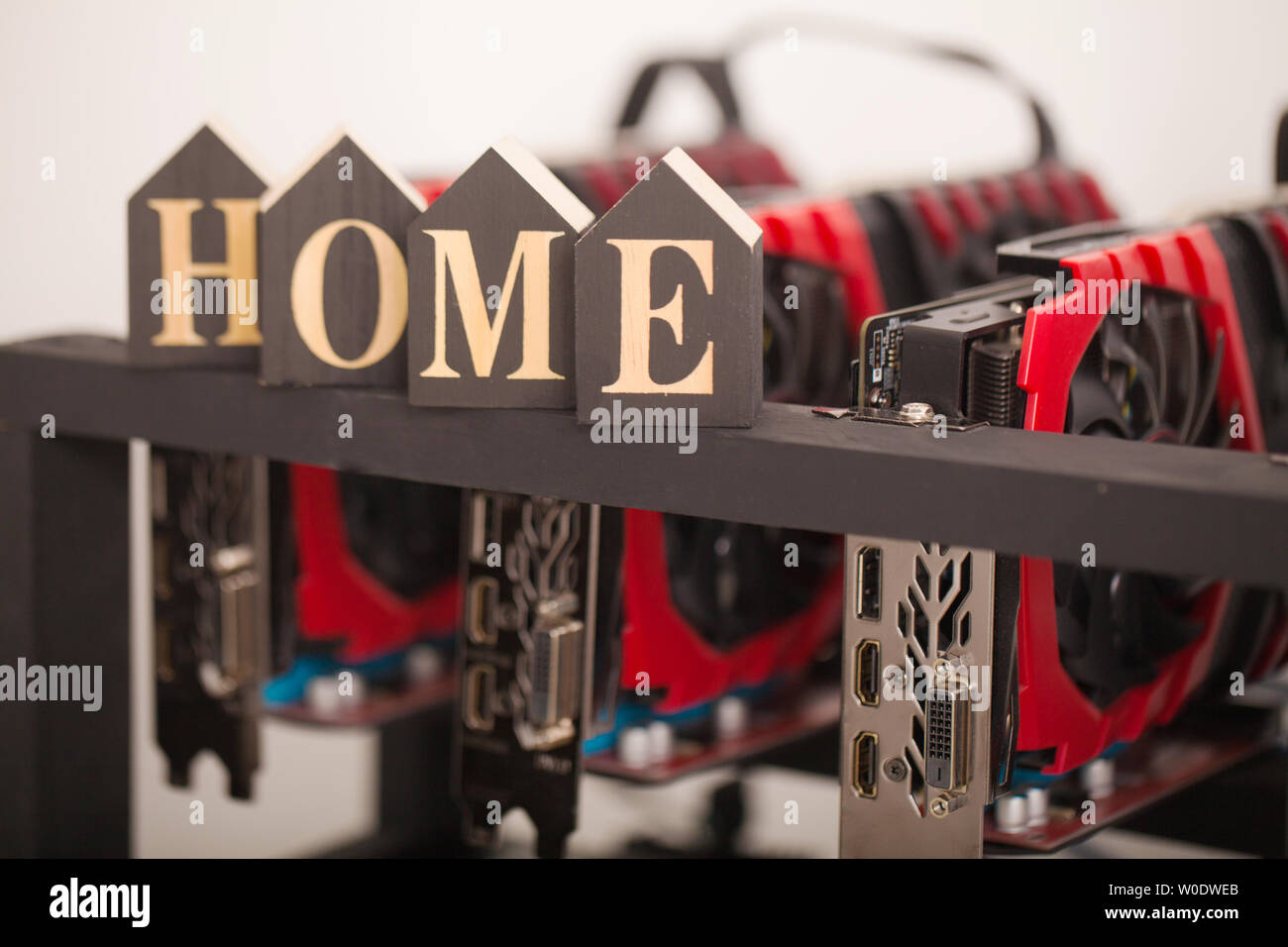 Cryptocurrency background mining rig , Close up of array of GPUs for ...