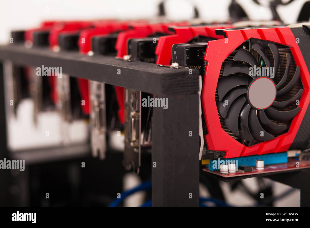 Cryptocurrency background mining rig , Close up of array of GPUs for ...