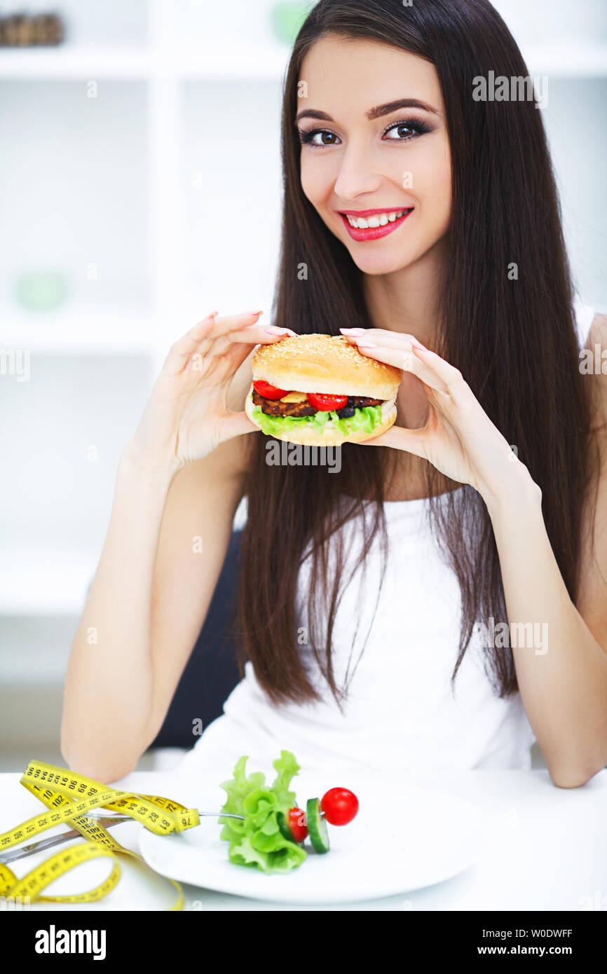 Dieting Concept Beautiful Young Woman Choosing Between Healthy Food
