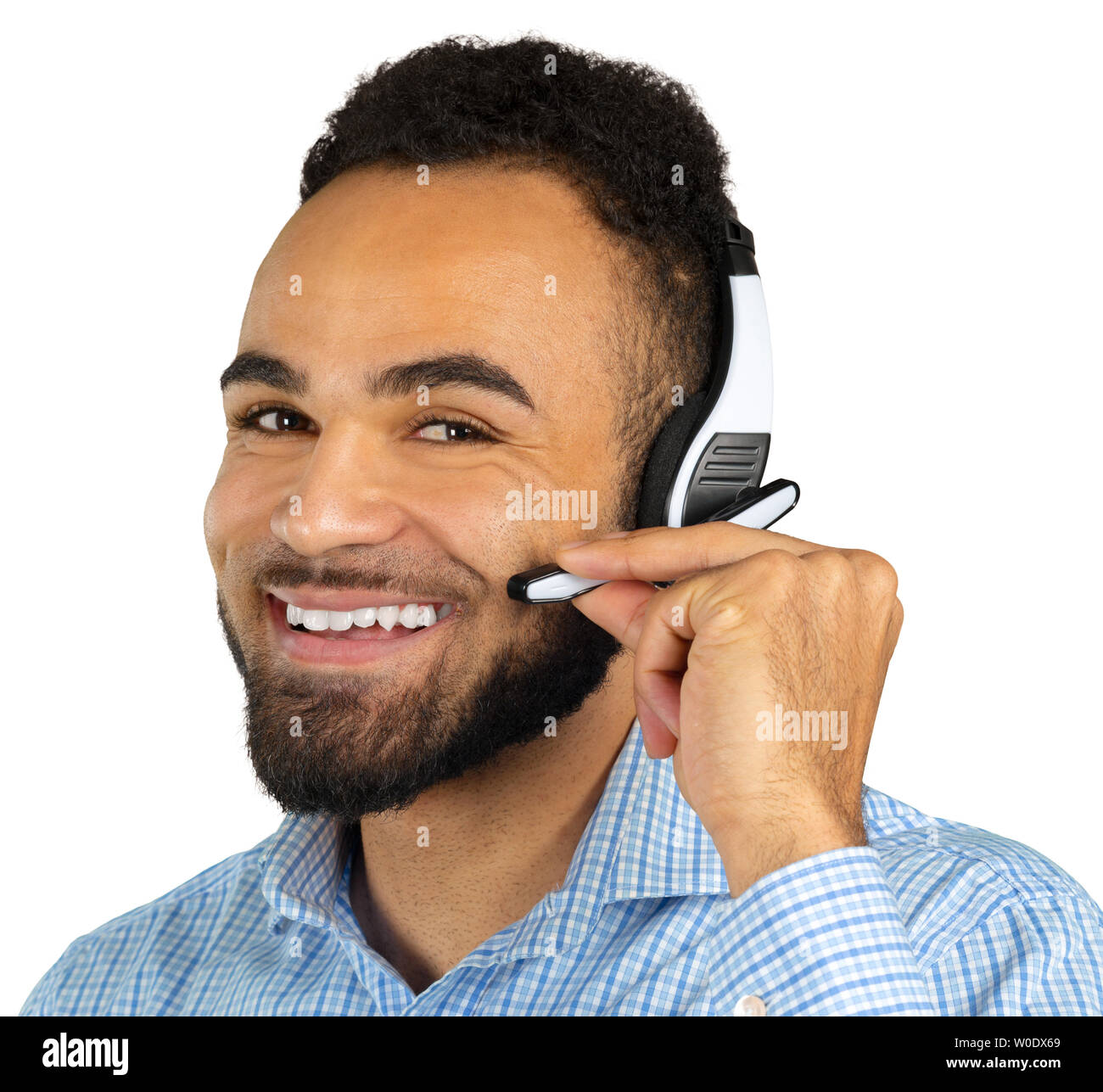 African American man in headsets isolated white background Stock Photo ...