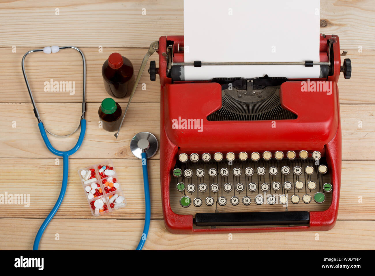 Prescription medicine or medical diagnosis - doctor workplace with blue ...