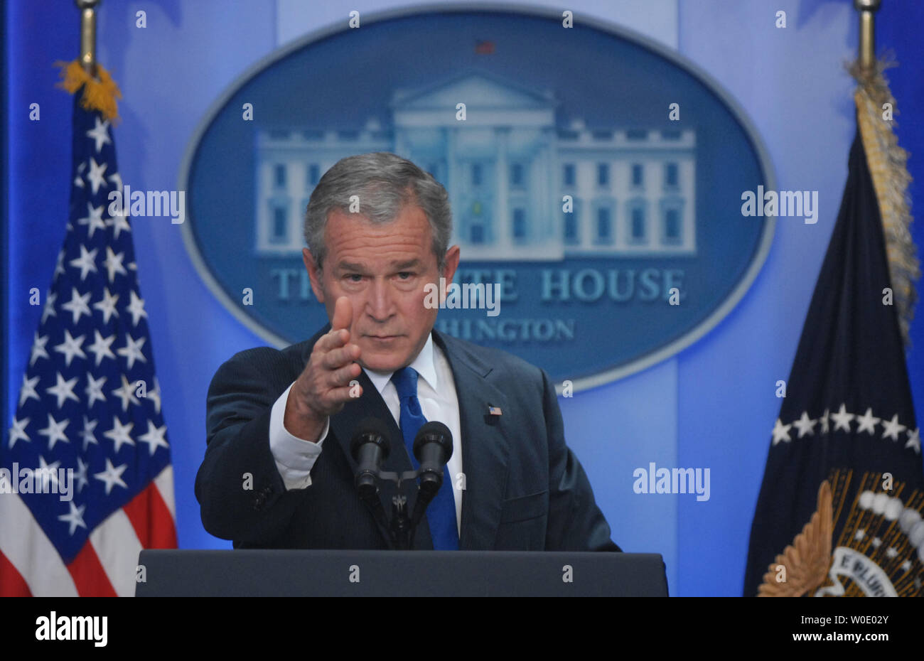 U.S. President George W. Bush speaks at a press conference from the ...