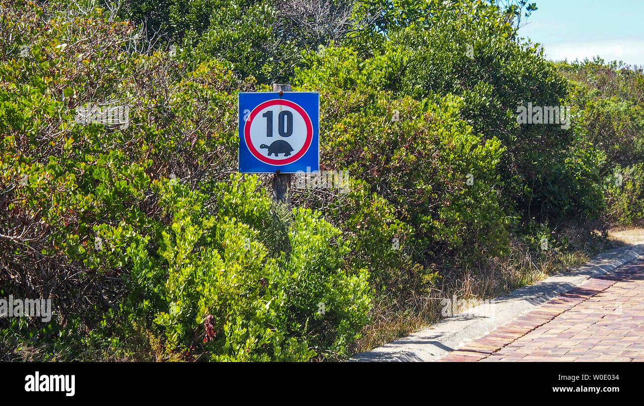 South Africa, Garden Route, Plettenberg, speed reduction road sign for ...