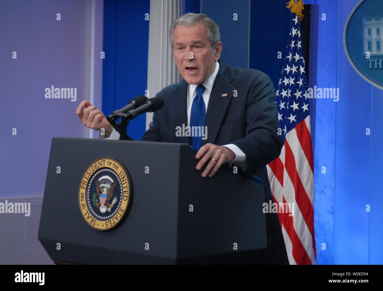 U.S. President George W. Bush speaks at a press conference from the ...