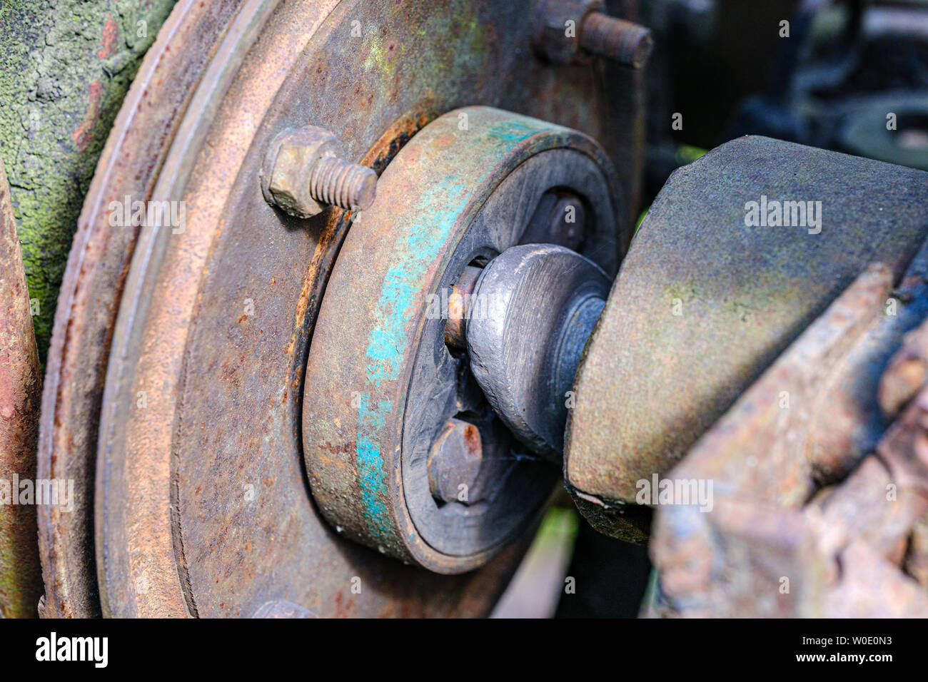vintage retro tractor rusty details close up. gearbox, levers, viring ...