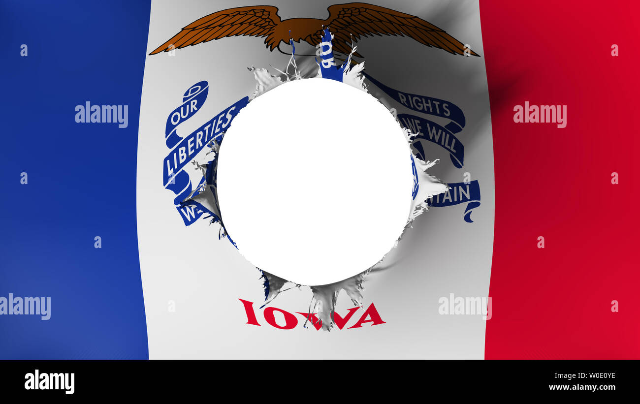 Hole cut in the flag of Iowa state, white background, 3d rendering ...