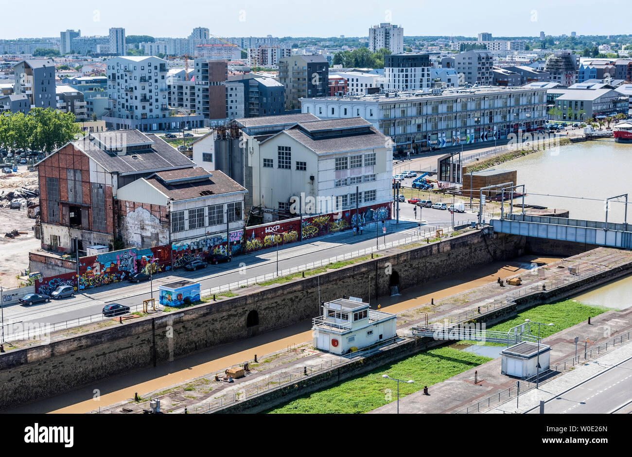 France, Bordeaux, Bacalan district, marinas and new buildings seen from ...