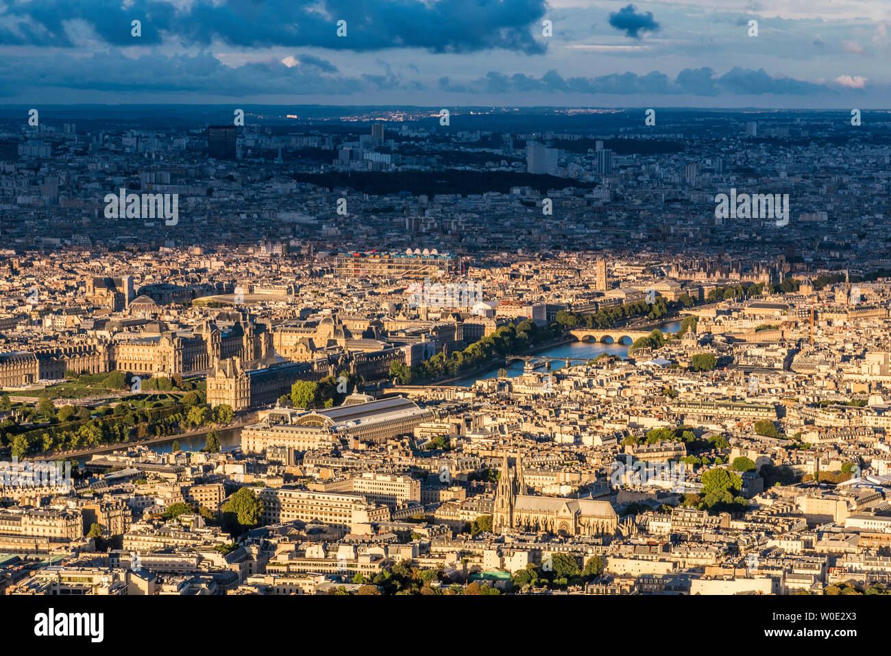 France, Paris, view from the Eiffel Tower (Seine river, Louvre Palace ...