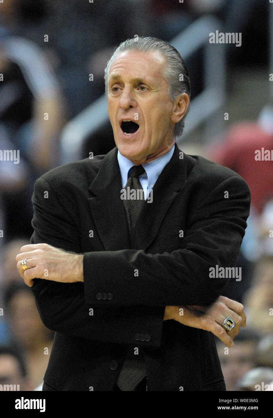 Miami Heat head coach Pat Riley yells to his team as they play the ...