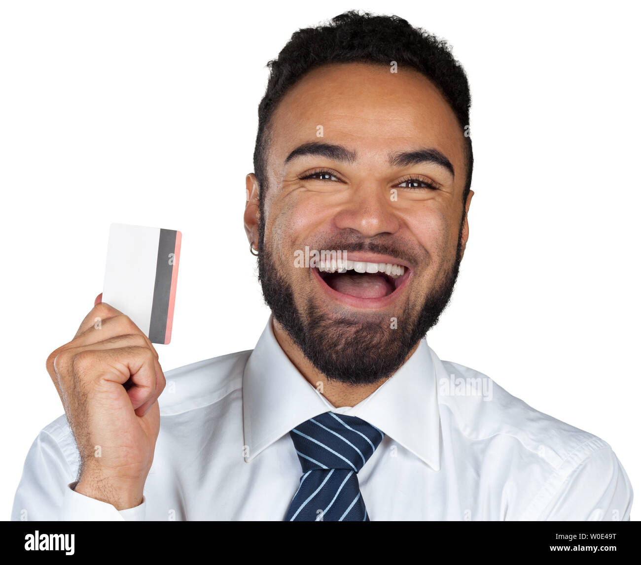 Happy smiling young man holding a credit card isolated on white ...
