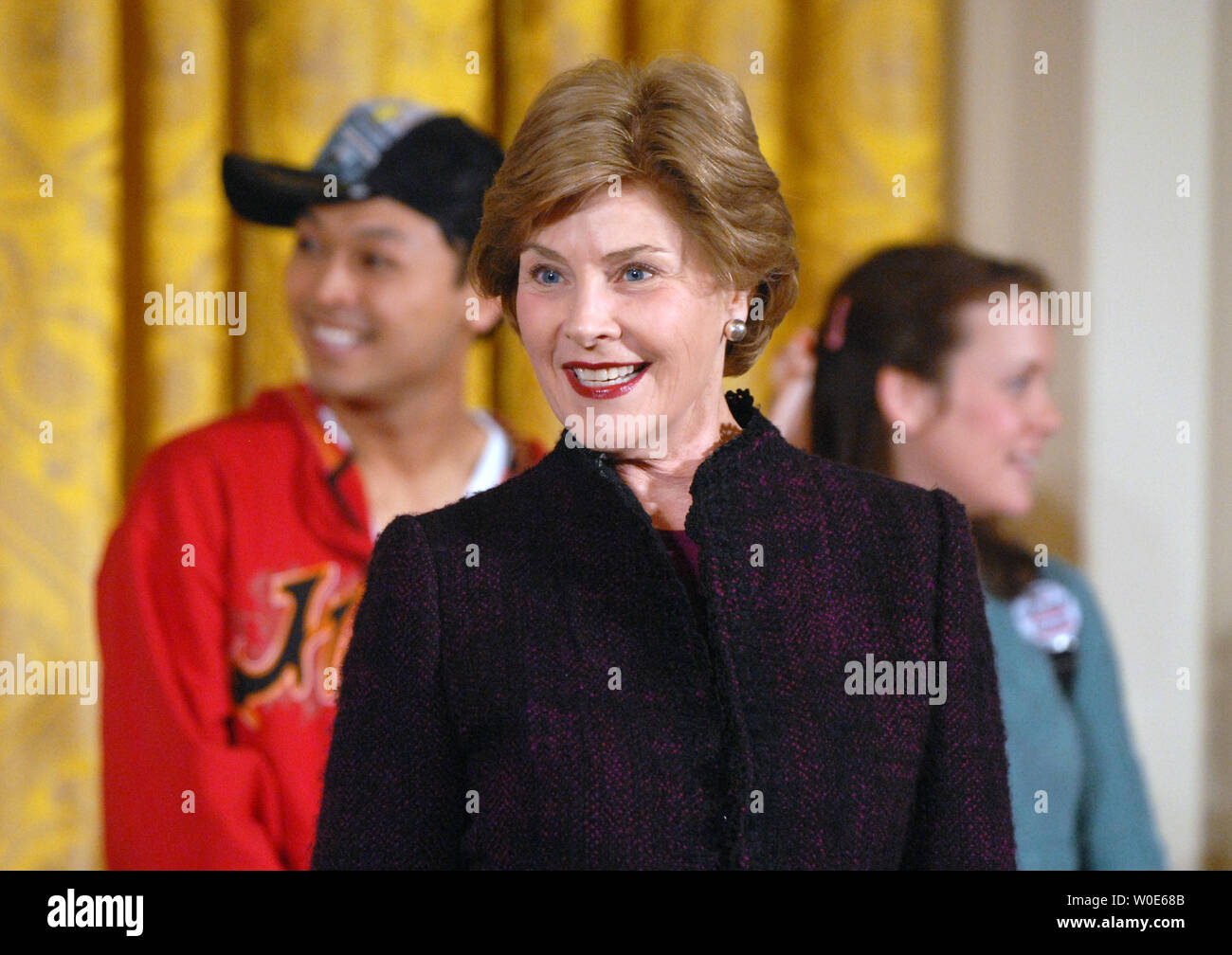 First Lady Laura Bush speaks after a performance of part of the play ...