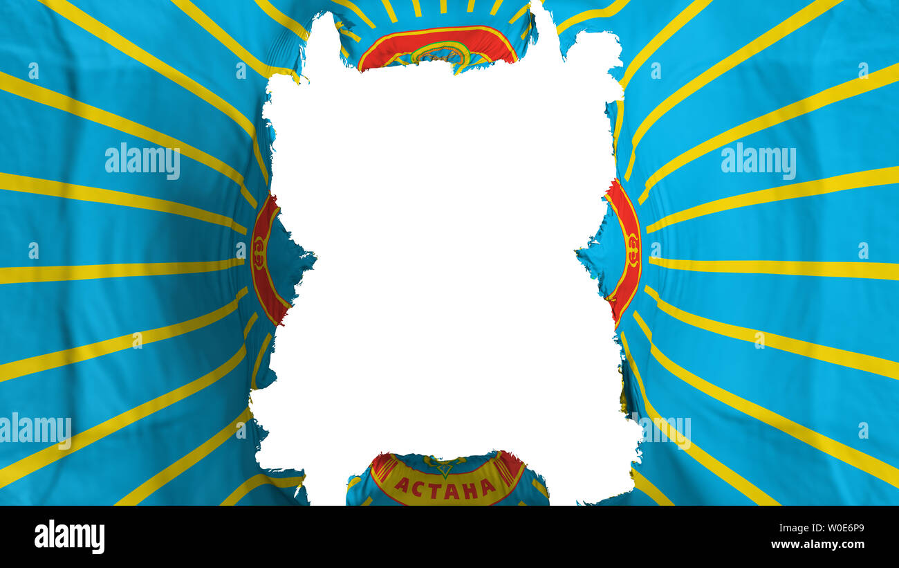 Ripped Astana, capital of Kazakhstan flying flag, over white background ...