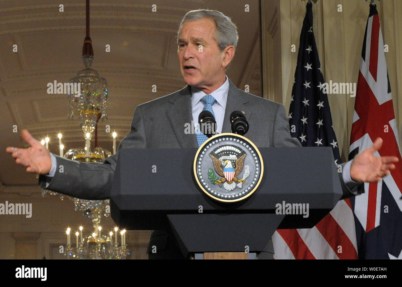 U.S. President George W. Bush speaks to the media in the East Room of ...