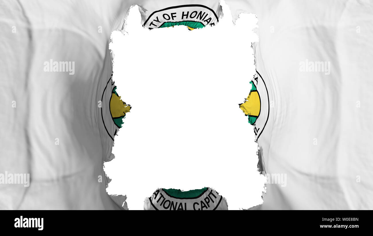 Ripped Honiara, capital of Solomon Islands flying flag, over white ...