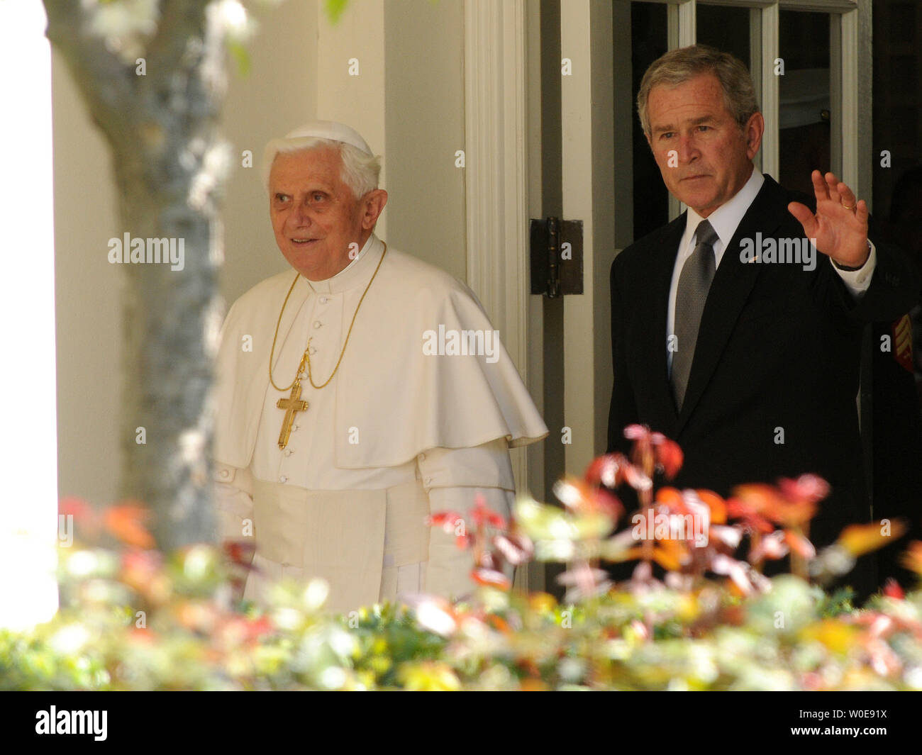 U.S. President George W. Bush and Pope Benedict XVI walk through the ...