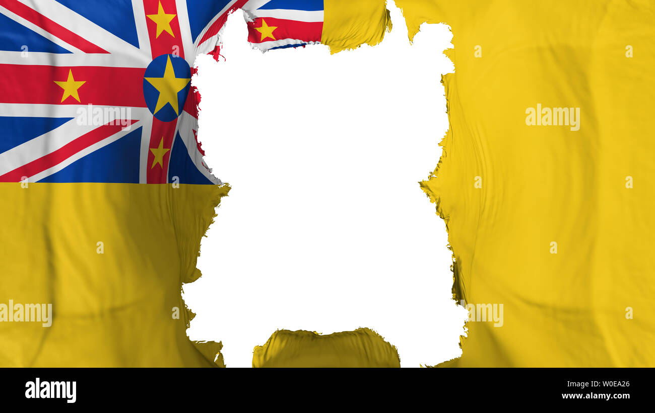 Ripped Niue city, capital of Alofi flying flag, over white background ...