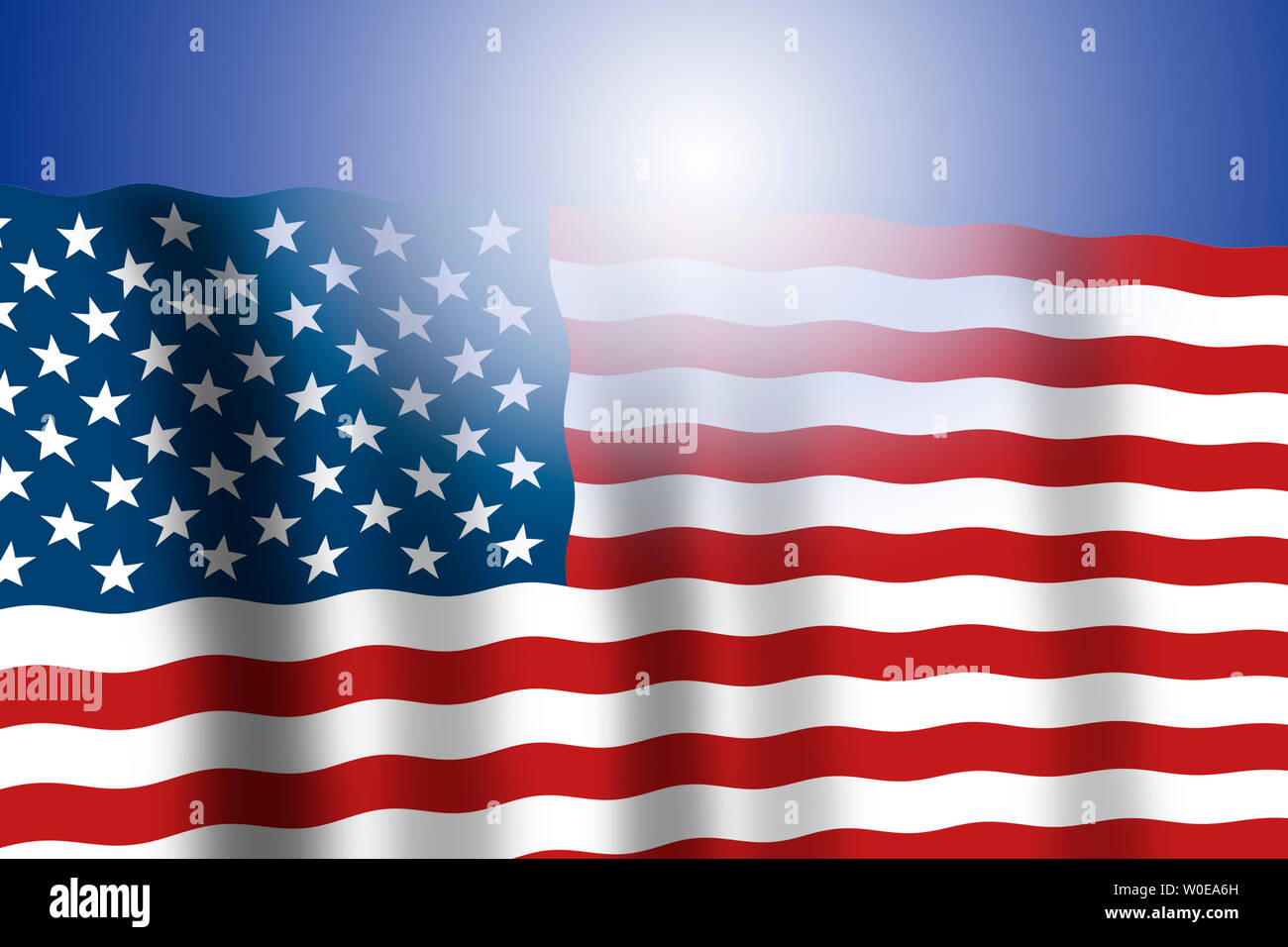 American flag waving with blue background and light reflection. 4th of ...